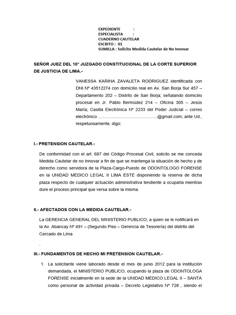 Solicitud de Medida Cautelar Laboral | PDF | Mandato | Lima