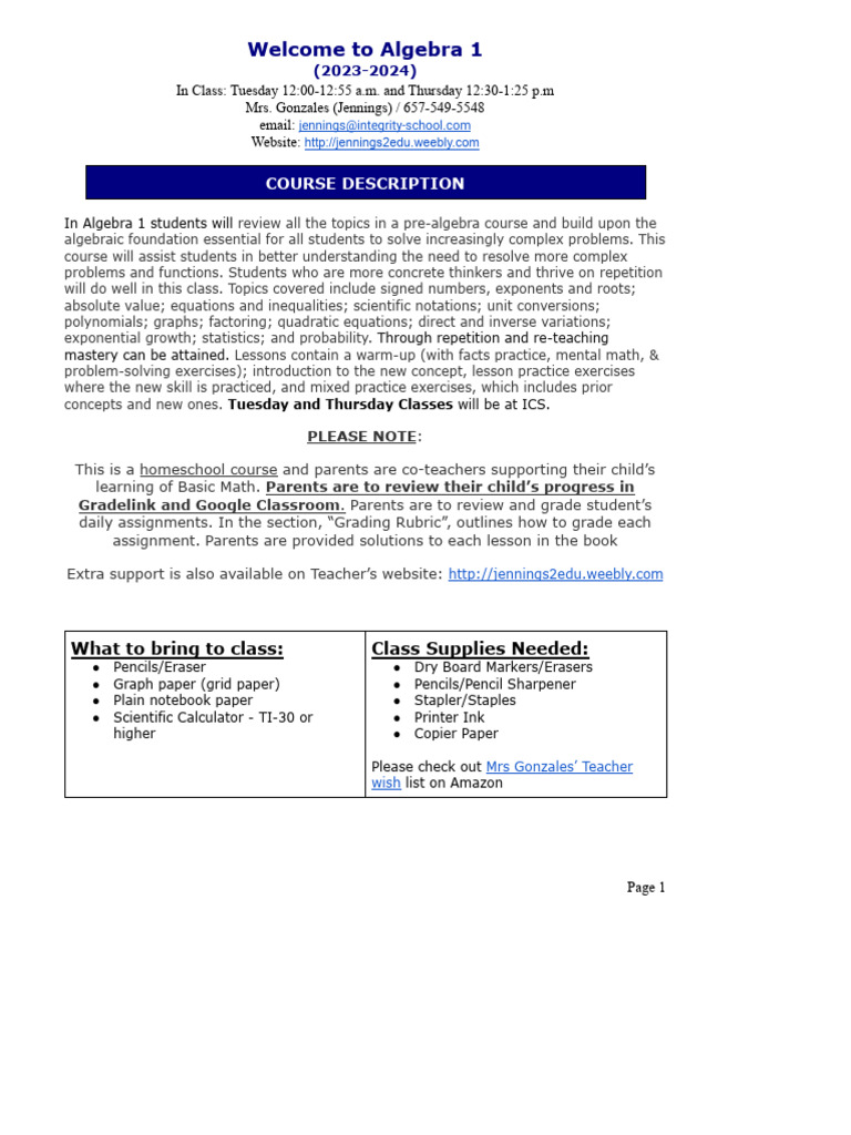 algebra 1 syllabus 2023-2024v5 | PDF