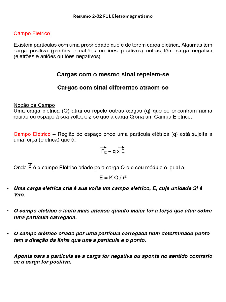 Resumo 2-02F11 Eletromagnetismo | PDF | Carga elétrica | Campo elétrico