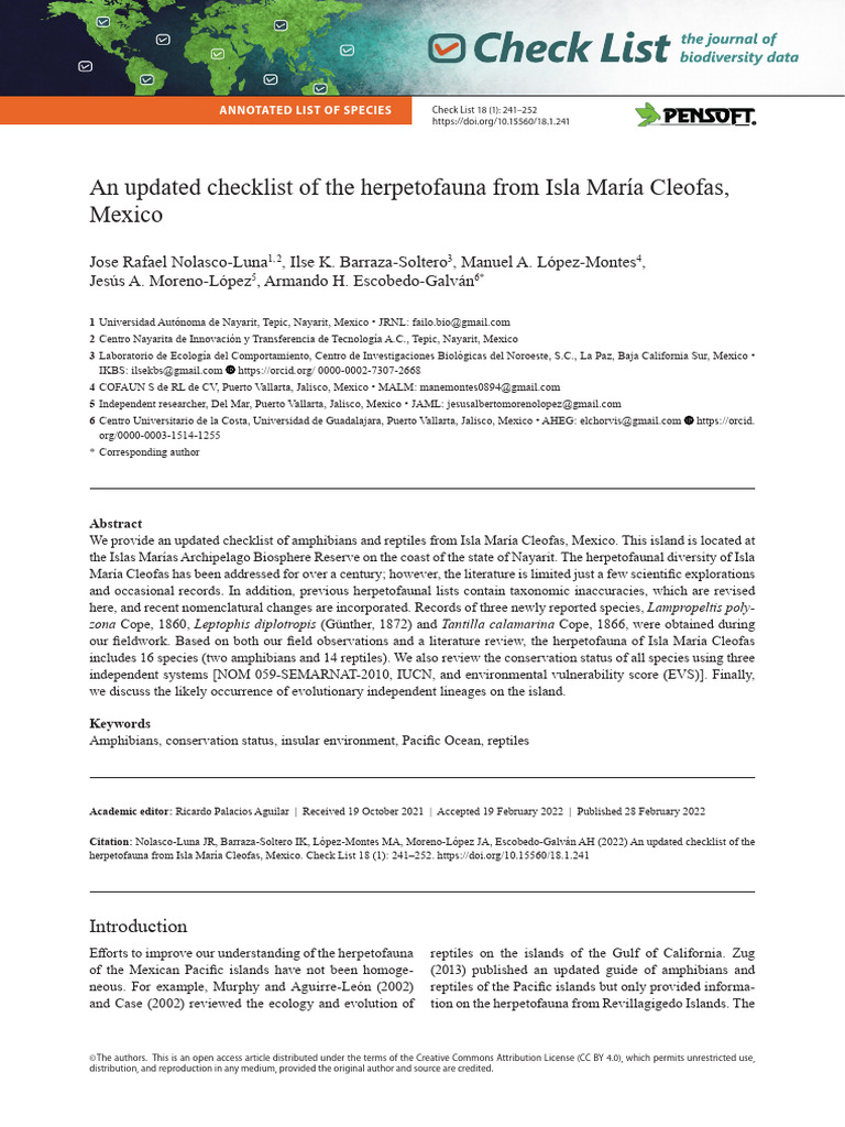 An Updated Checklist of The Herpetofauna From Isla | PDF | Frog | Herpetology