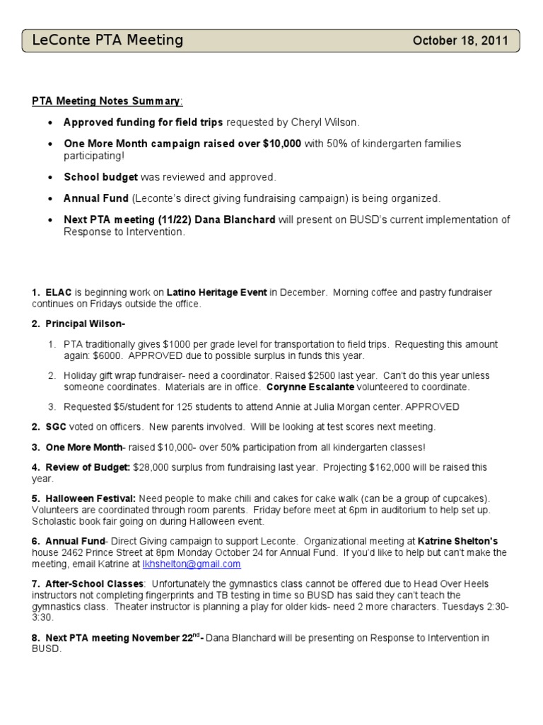 PTA Meeting Notes 10-18-11 | PDF | Fundraising
