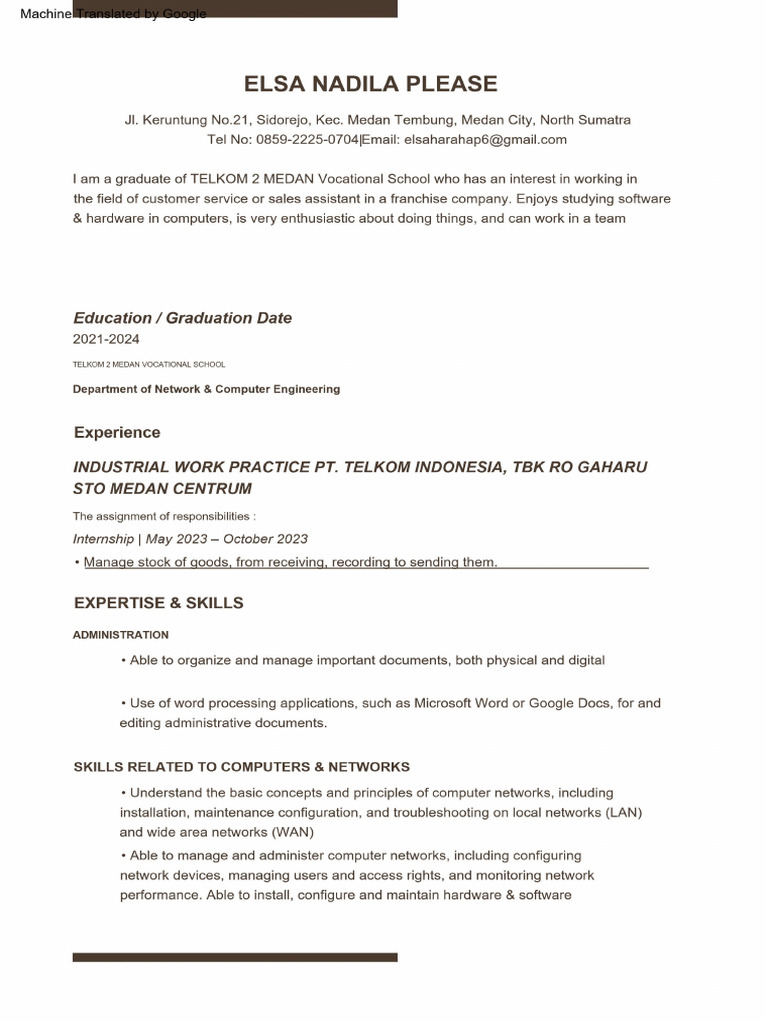 CV Elsa Nadila HRP | PDF