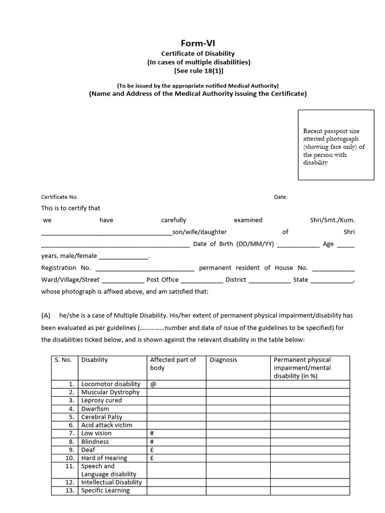 Disability_Certificate_(PwD)_Form_VI_2022 | PDF | Disability | Visual ...