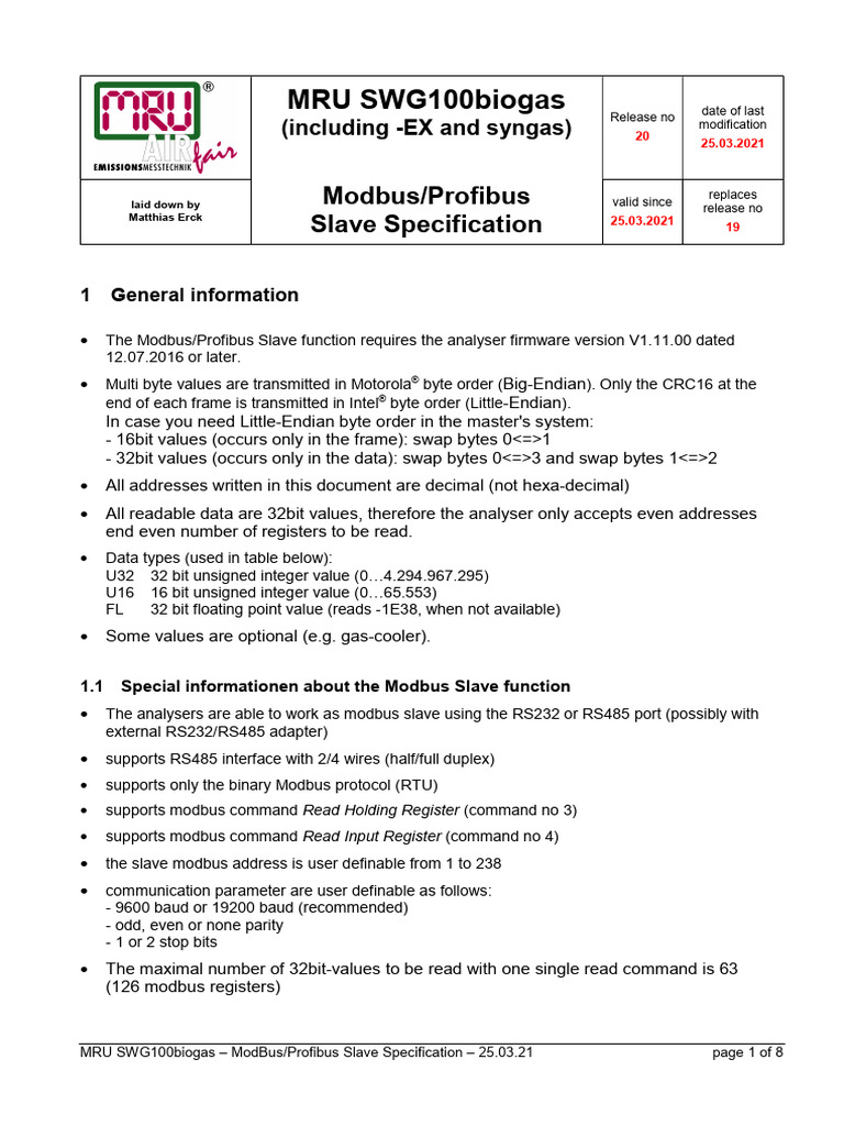 SWG100biogas ModBus+Profibus Specification Engl | PDF | Computer Data ...