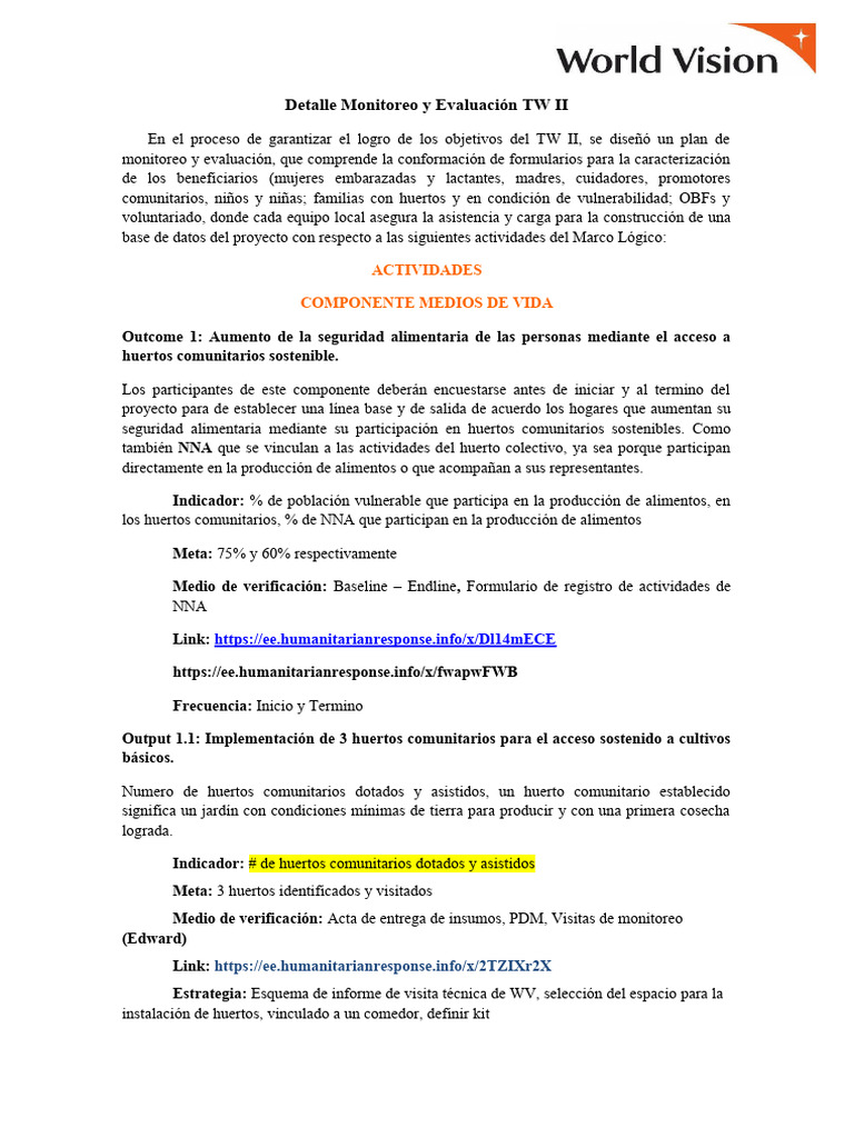 Plan de m&e - Wvi Tw 2 | PDF | Nutrición | Dieta y nutrición