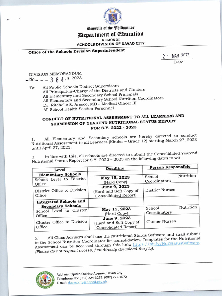 2023 DM No. 384 CONDUCT OF NUTRITIONAL ASSESSMENT TO ALL LEARNERS AND ...