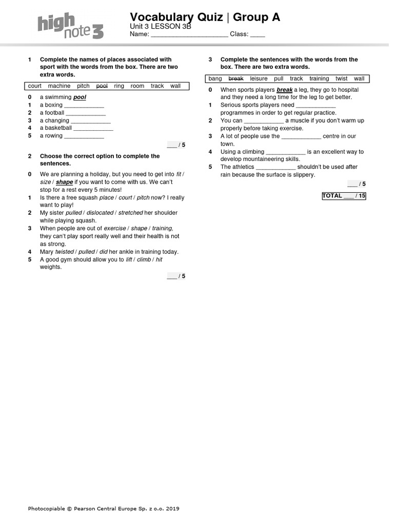 HighNote3 U3B Vocabulary Quiz A | PDF | Sports | Physical Exercise