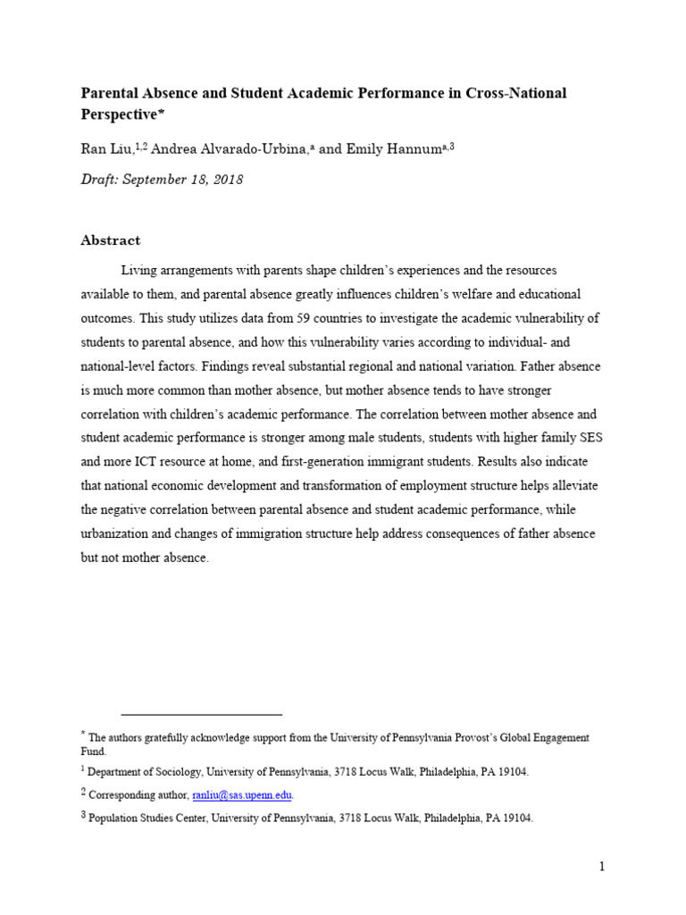 Parental Absence and Student Academic Performance in Cross-National ...