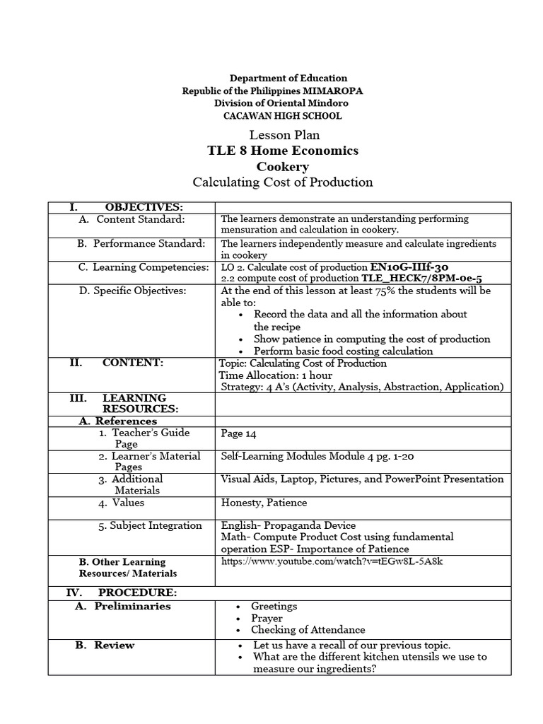 Semi Detailed Lesson Plan Tle Cookery | PDF | Prices | Cost Of Goods Sold