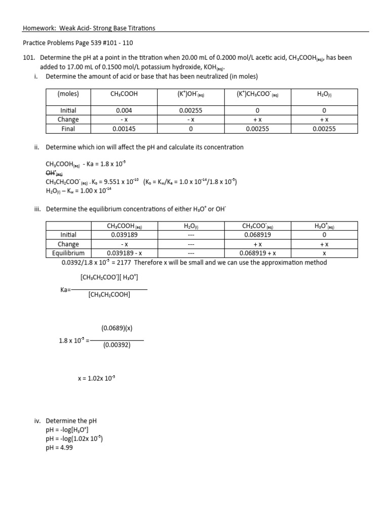 Homework - Weak Acid Strong Base Titrations | PDF | Ph | Acid
