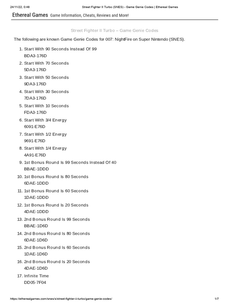 Street Fighter II Turbo (SNES) - Game Genie Codes - Ethereal Games ...