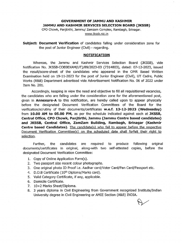 DV Notice Junior Engineer Civil 06 of 2022 10122023 | PDF