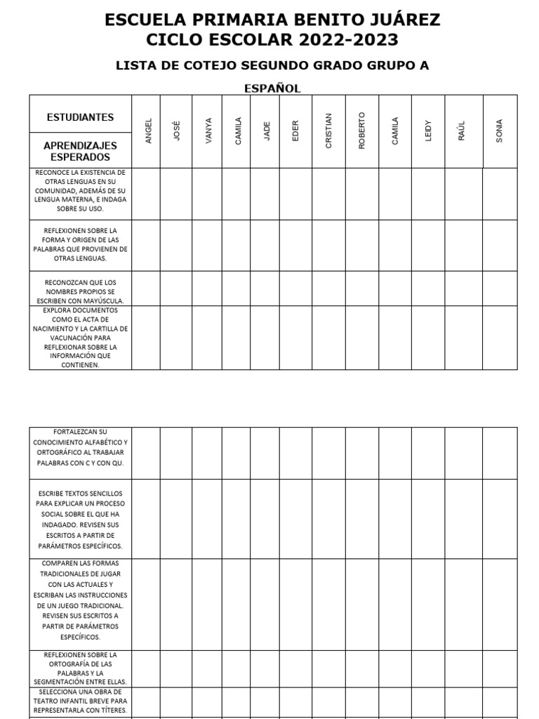 Lista de Cotejo Segundo Grado Xochitl Cruz Pronalees | PDF