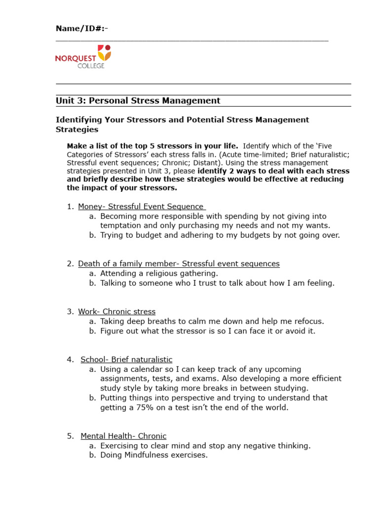 HEED 1000, Assignment 2, Identifying Your Stressors and Potential ...