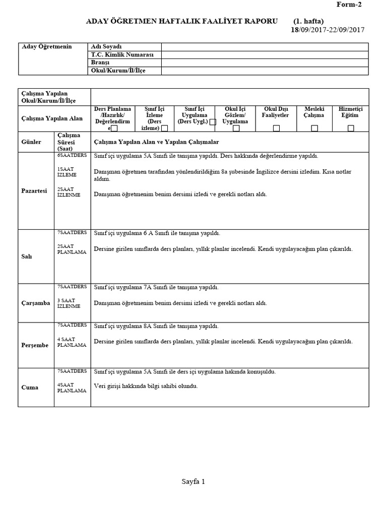 form 2 1. hafta | PDF