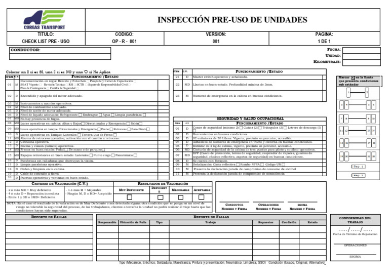Op-R-001 Registro de Inspección Pre-Uso de Unidades de Ruta | PDF | Vehículos | Vehículo de motor