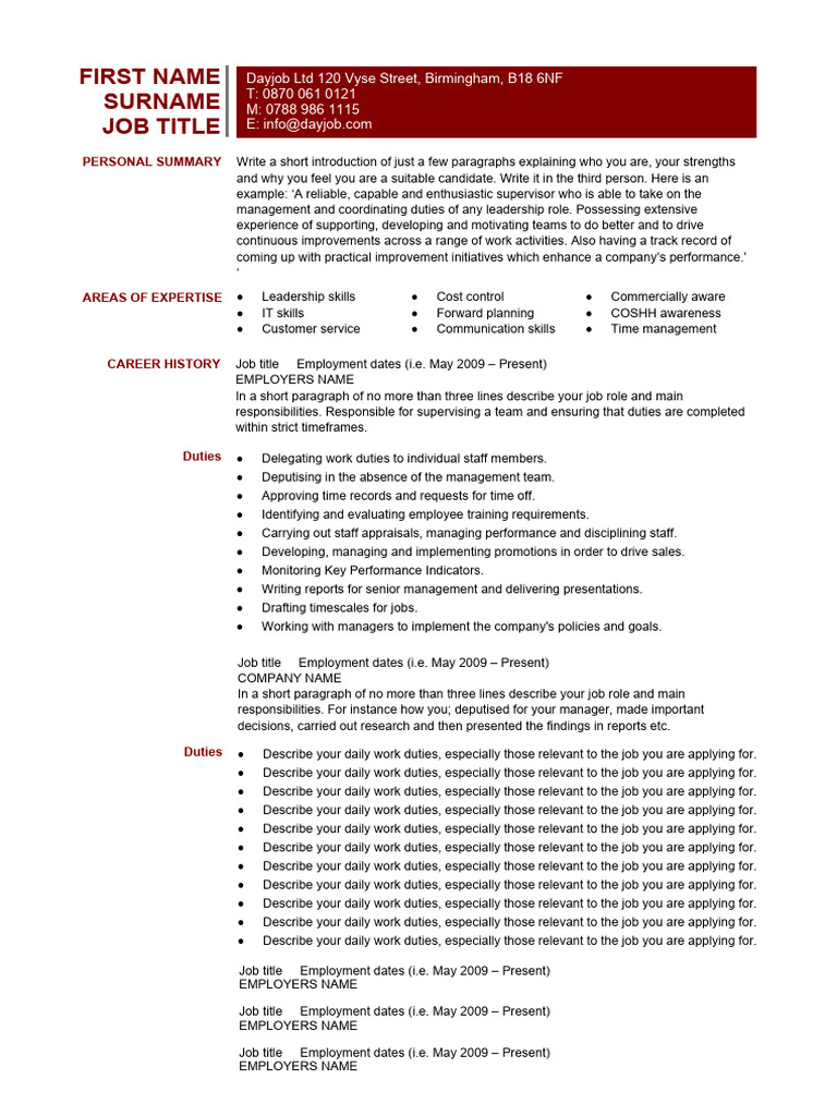 CV Example 12 - Blank 2 Pages | PDF | Employment | Leadership
