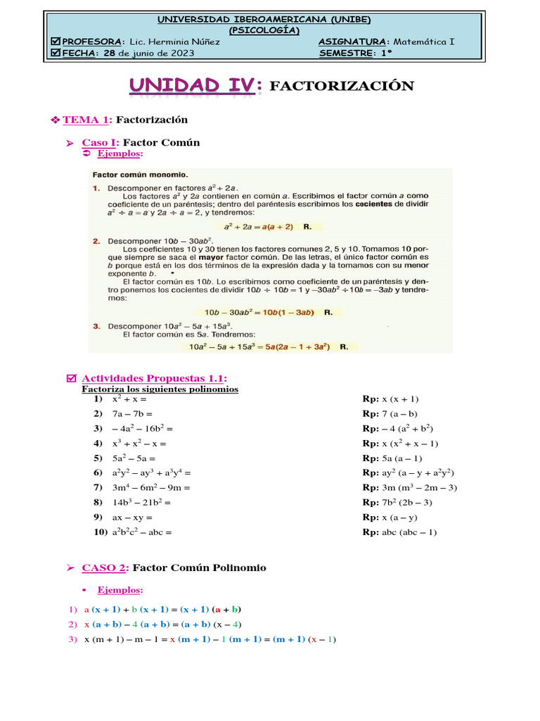 11) UNIDAD IV-TEMA 1-Factorización | PDF | Factorización | Matemática Elemental