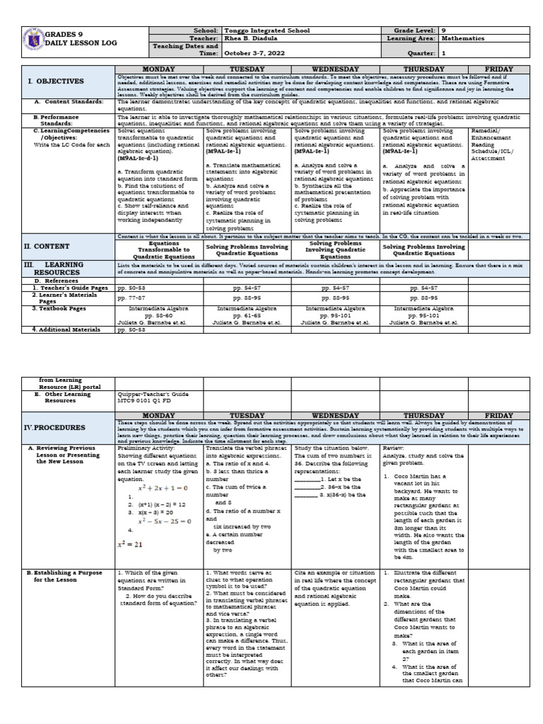 Dll-Math 9 Week 6 Sy 2022-2023 | PDF | Equations | Quadratic Equation
