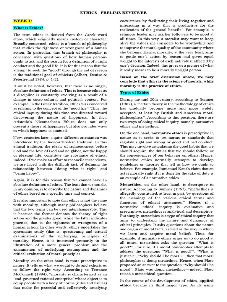 Ethics Prelim Reviewer | Download Free PDF | Morality | Reason