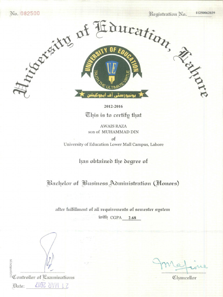 BBA (H) Degree Front Back | PDF