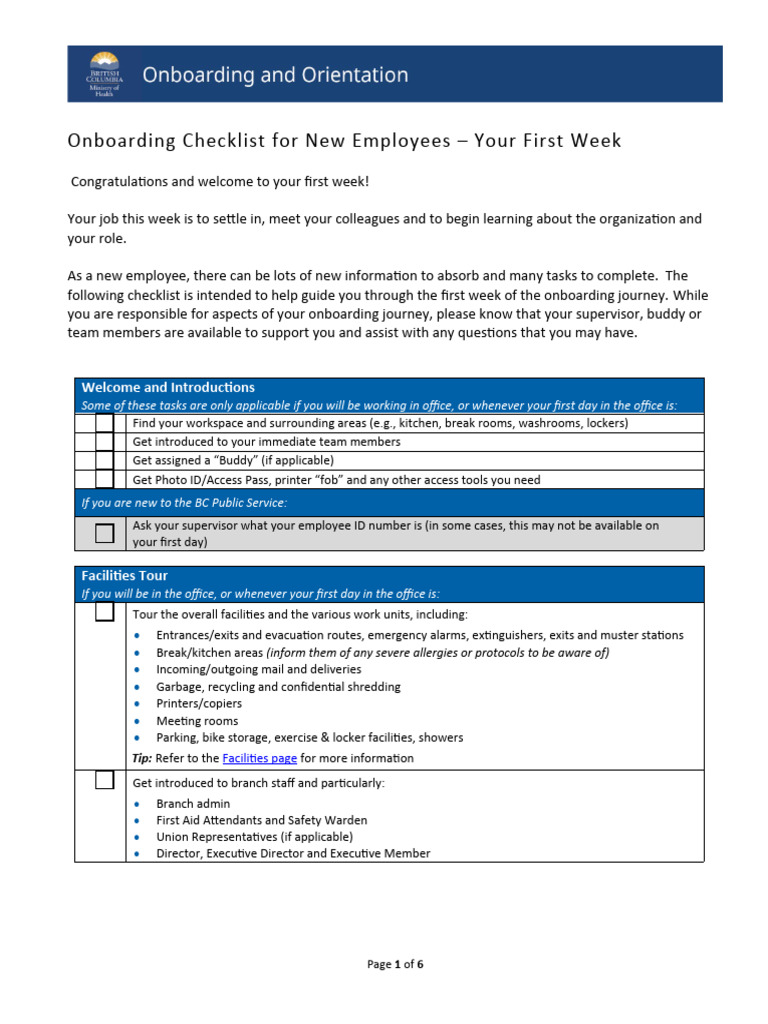 Moh New Employee Onboarding Checklist First Month April 5 | Download ...