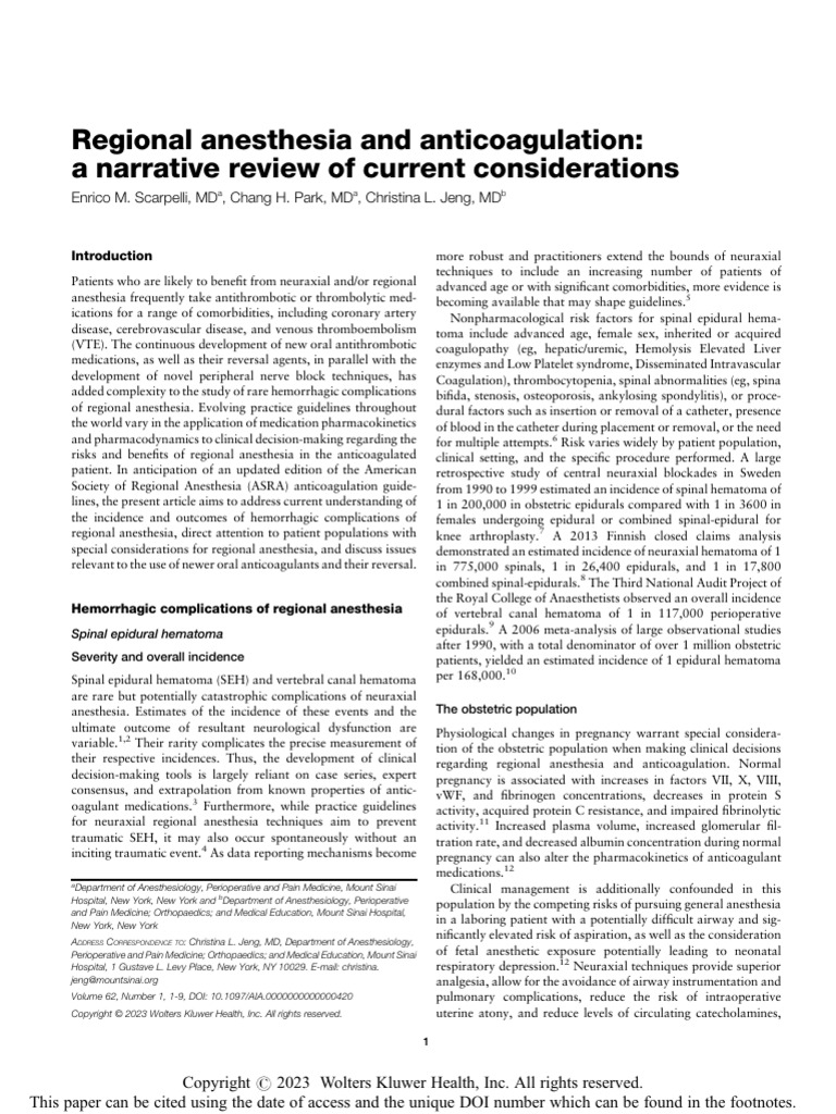 Scarpelli EM, Regional Anesthesia and Anticoagulation, Narrative Review ...