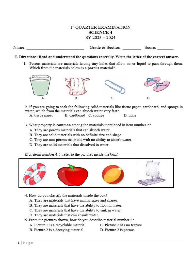SCIENCE 4 1st Quarter Examination | PDF | Waste | Water