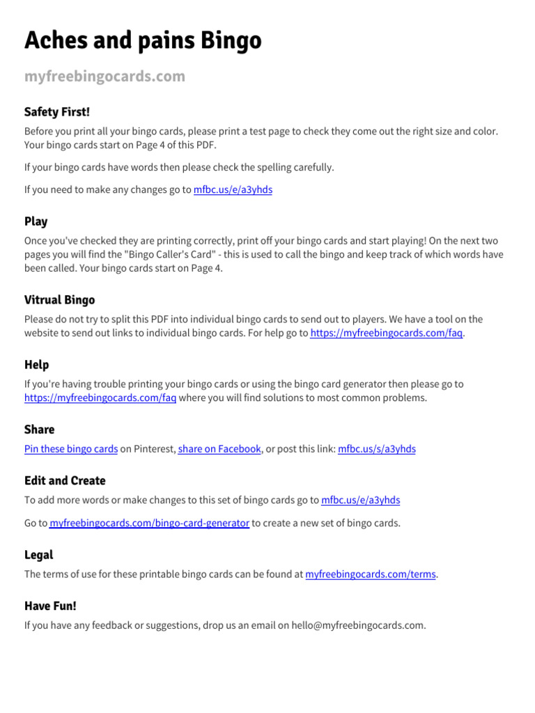 Aches and Pains Bingo | PDF