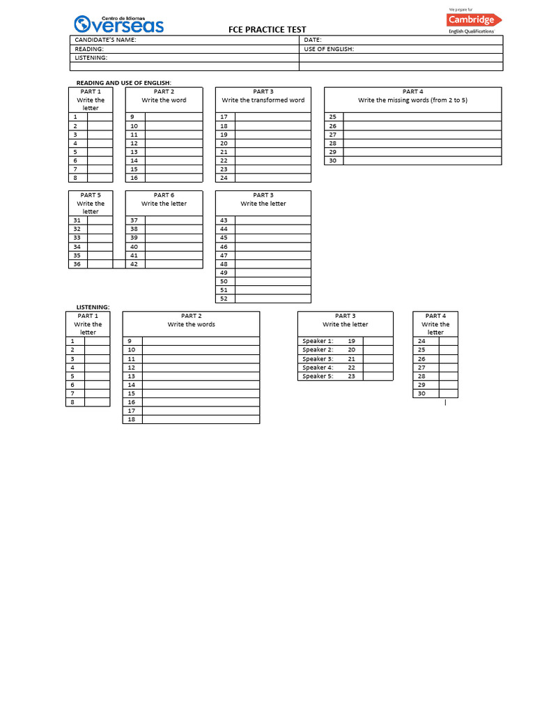 Fce 3 Answer Sheet | PDF