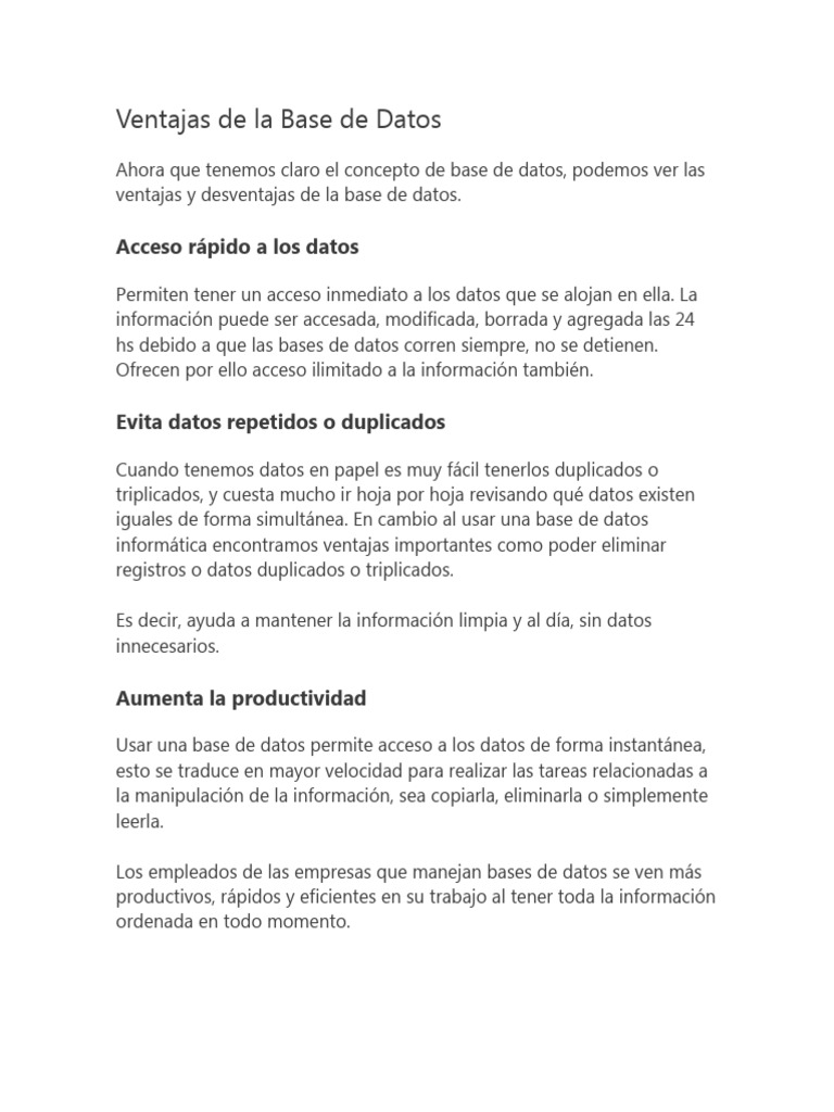 Ventajas Base de datos | PDF | Bases de datos | Información