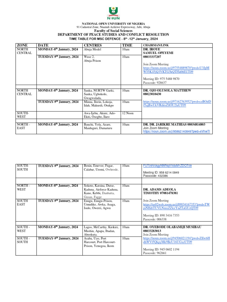 PCR MSC DEFENCE TIME TABLE For JANUARY, 2024 - Study CENTRES | PDF