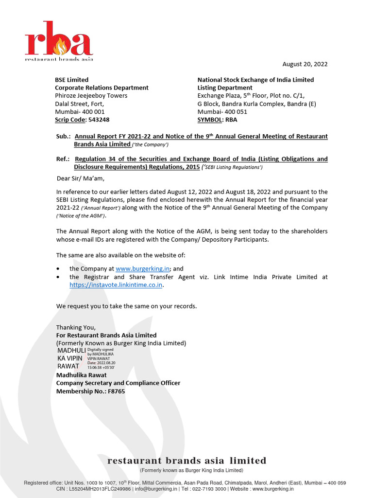 Restaurant Brands Asia Limited: ( The Company') | PDF | Franchising | Brand