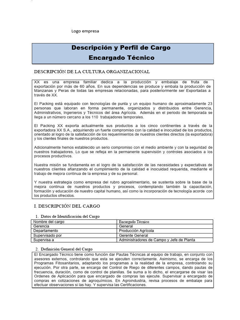 MODELO - Descripción de Cargo - Encargado Técnico - Empresa XX | PDF | Negocios