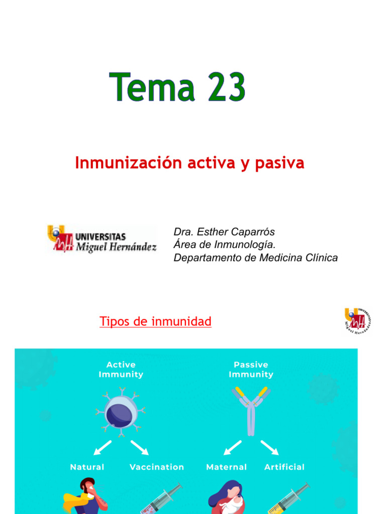 Tema 23 Inmunización Activa y Pasiva | PDF | Sistema inmune | Vacunas