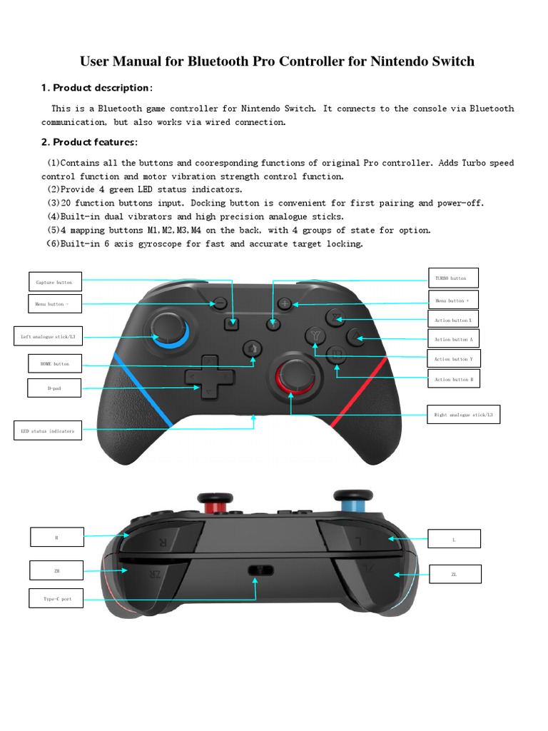 User Manual For Bluetooth Pro Controller For Nintendo Switch | PDF ...