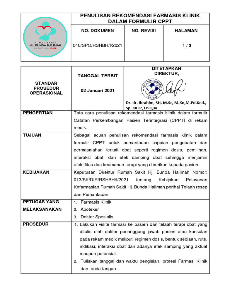Spo Penulisan Rekomendasi Farmasis Klinik Dalam Formulir CPPT | PDF