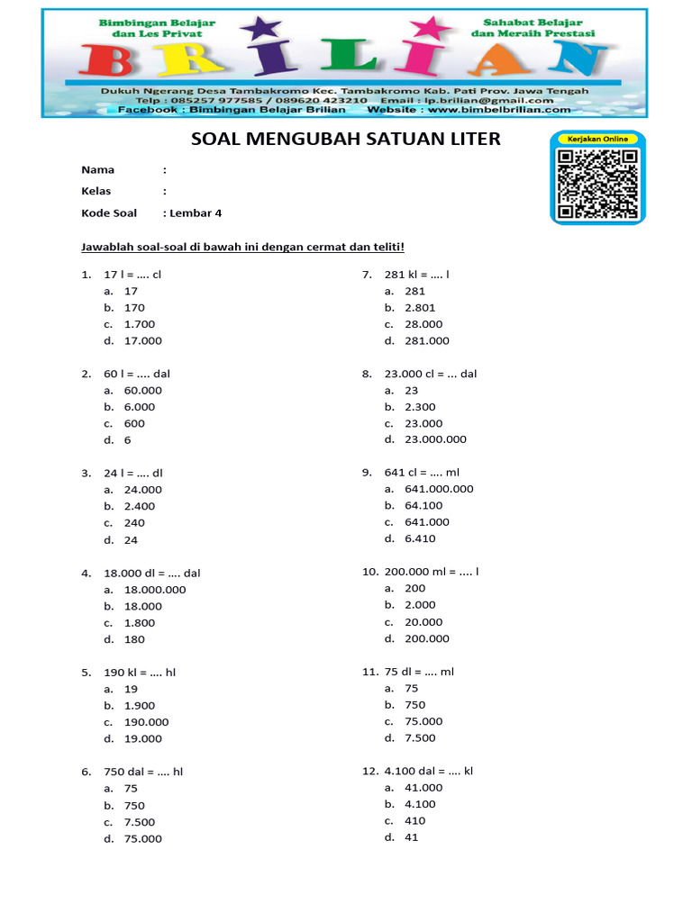Soal Mengubah Satuan Liter Lembar 4 | PDF