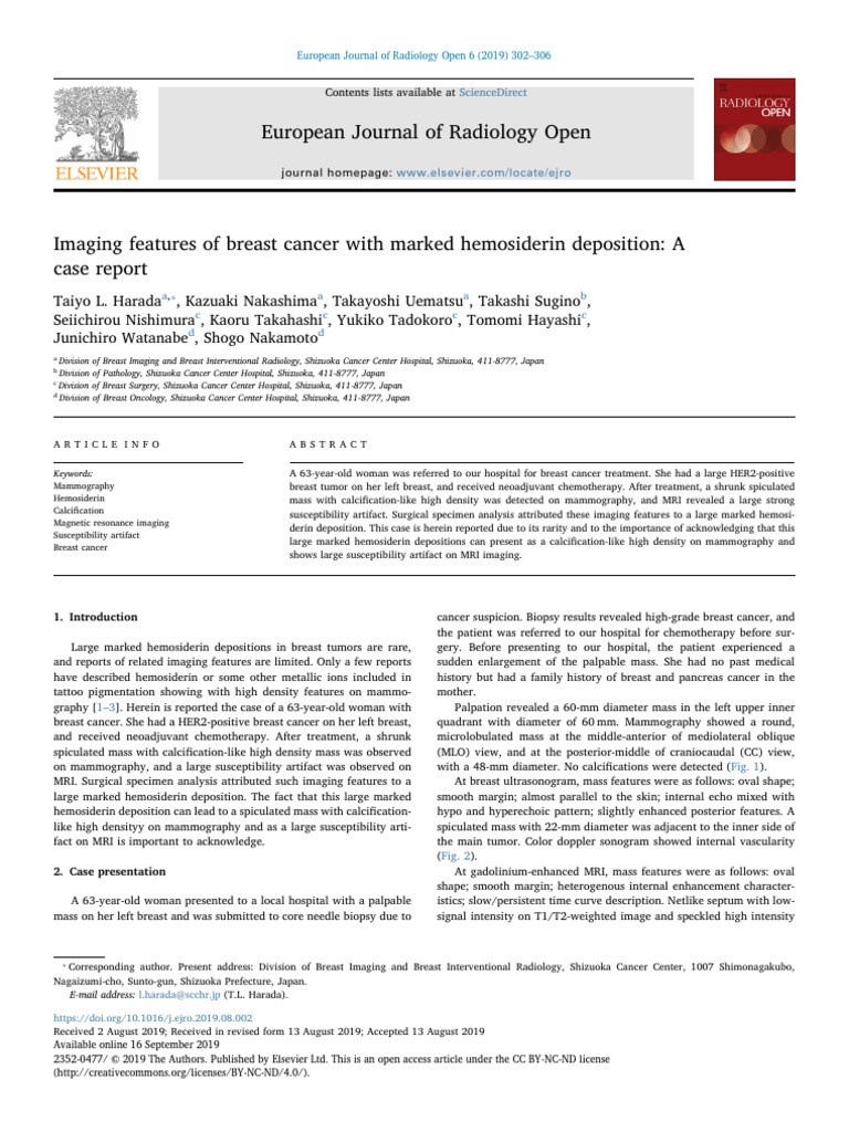 Imaging Features of Hemosiderin in Breast Cancer | PDF