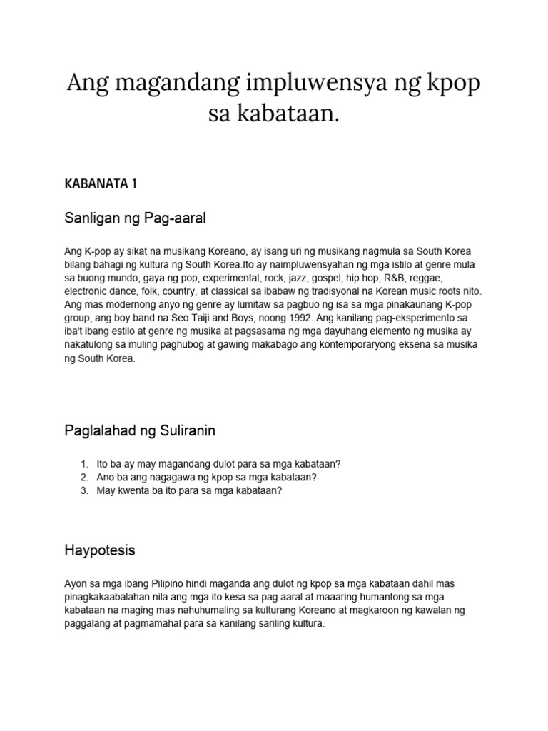 Ang Posibleng Magandang Epekto NG Kpop Sa Mga Kabataan | PDF