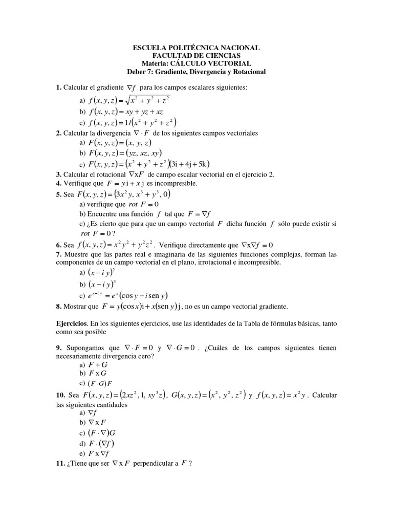 Deber 7 Gradiente, Divergencia y Rotacional | PDF | Degradado | Divergencia