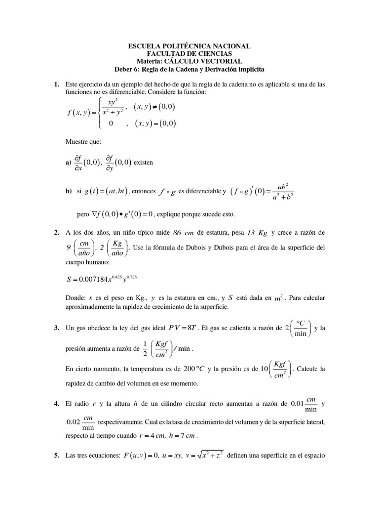 Deber 6 Regla de La Cadena y Derivación Implícita | PDF | Ecuaciones | Ecuación diferencial parcial