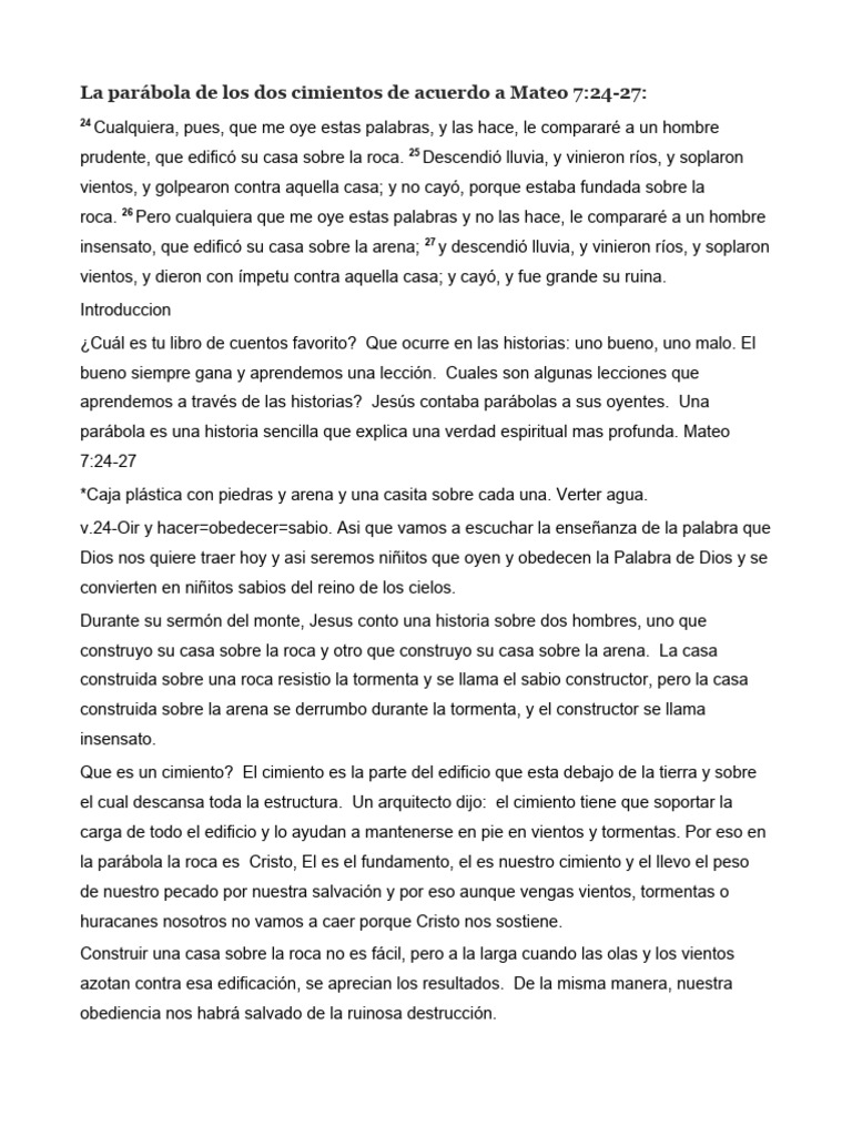 La Parábola de Los Dos Cimientos de Acuerdo A Mateo 7 | PDF | Jesús ...