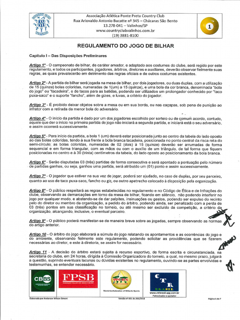 REGULAMENTO DO JOGO DE BILHAR 15 Bolas3 Digitalizado | PDF