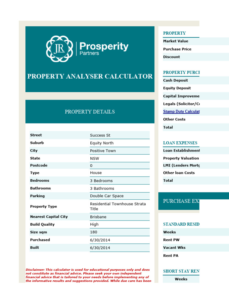 Property Analyser Calculator | PDF | Renting | Loans