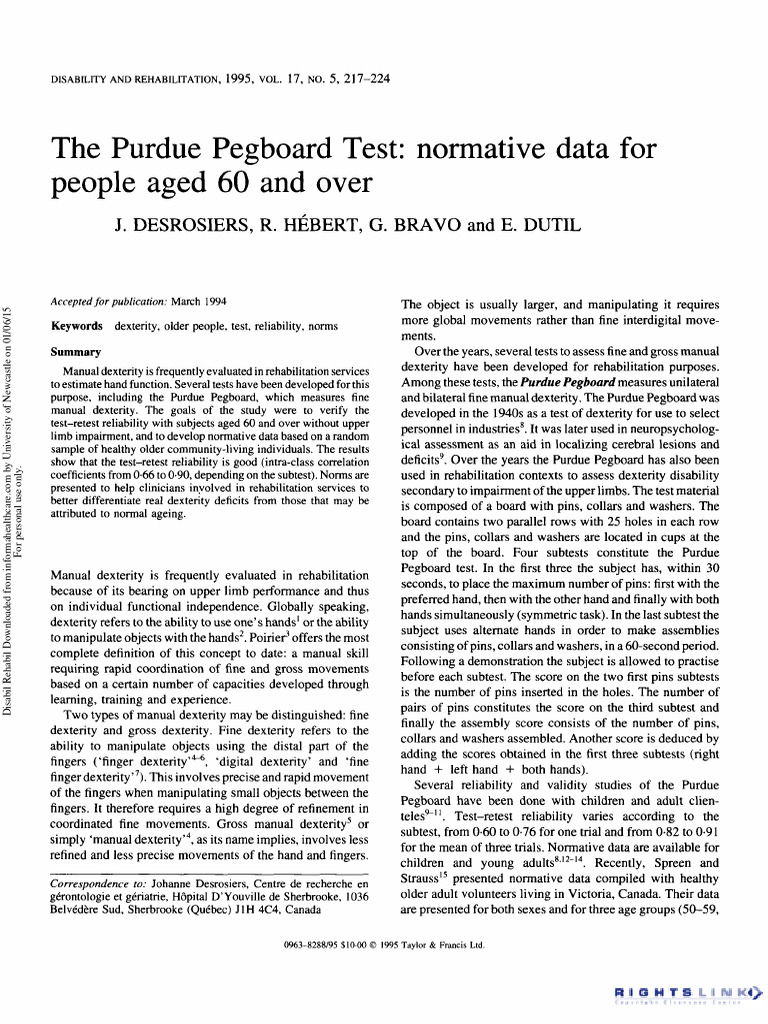 Purdue Pegboard Test Norms for Seniors | PDF | Statistical Theory ...
