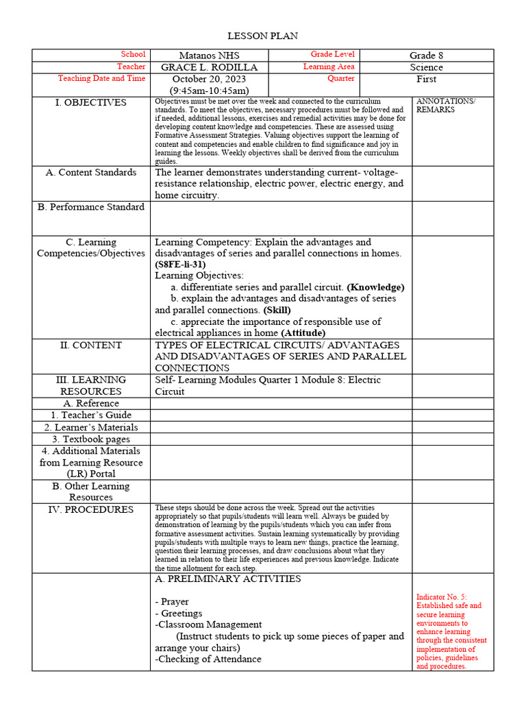 LessonPlan Electrical Circuit | PDF | Series And Parallel Circuits | Switch