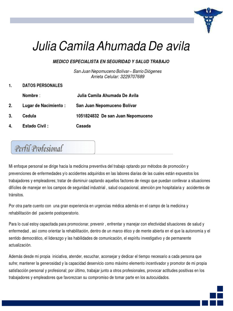 HOJA de VIDA Julia Camila Ahumada Deavila2 | PDF | Hospital | Cuidado ...