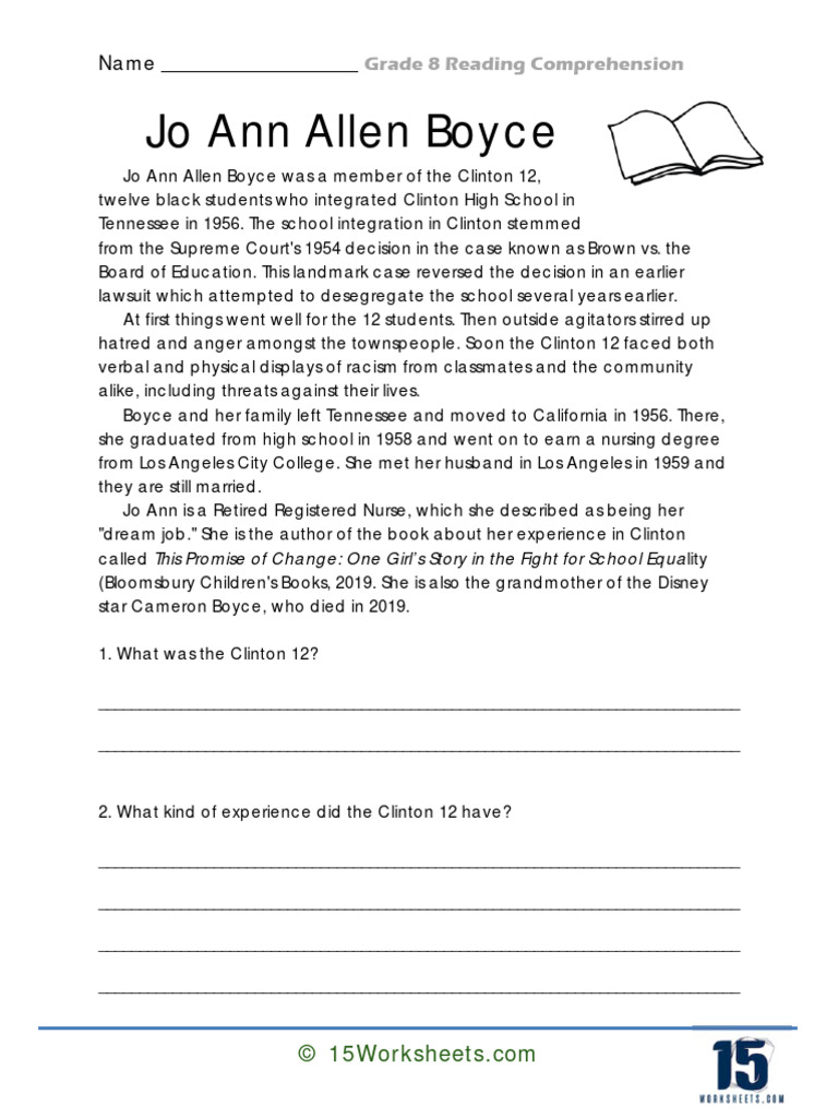 Jo Ann Allen Boyce: Grade 8 Reading Comprehension | PDF