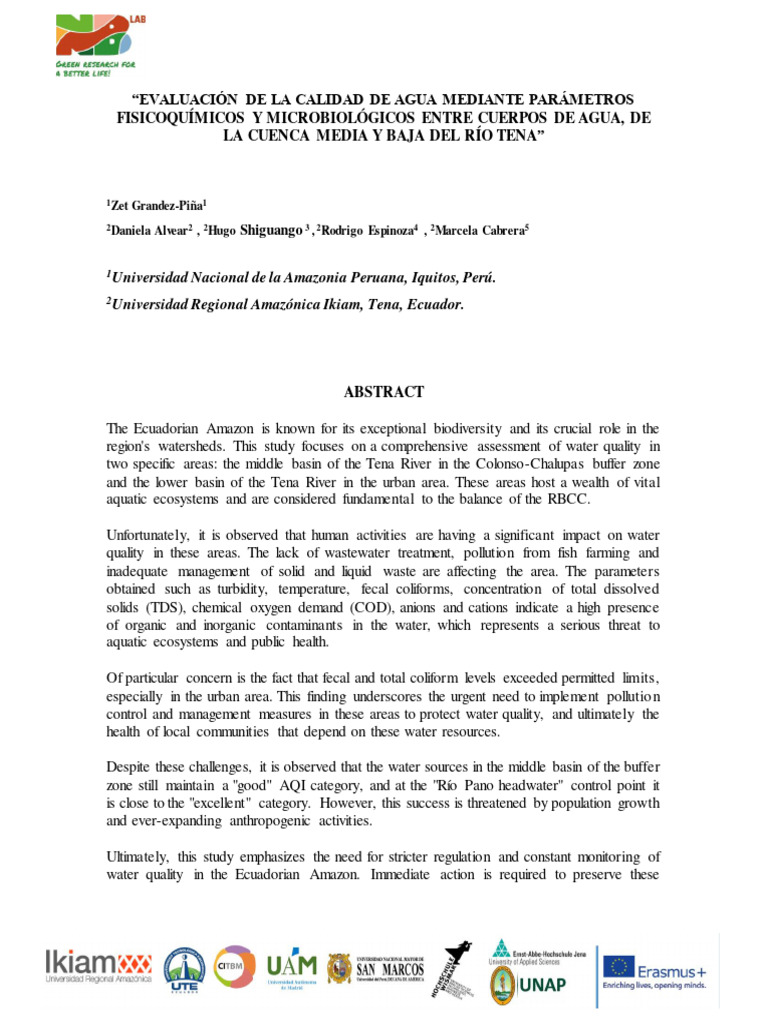 Evaluación de La Calidad de Agua Mediante Parámetros Fisicoquímicos y Microbiológicos Entre ...